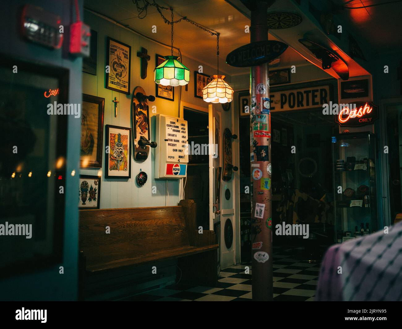 Interior of the La Chapelle Barbiers barber shop, Le Plateau-Mont-Royal ...