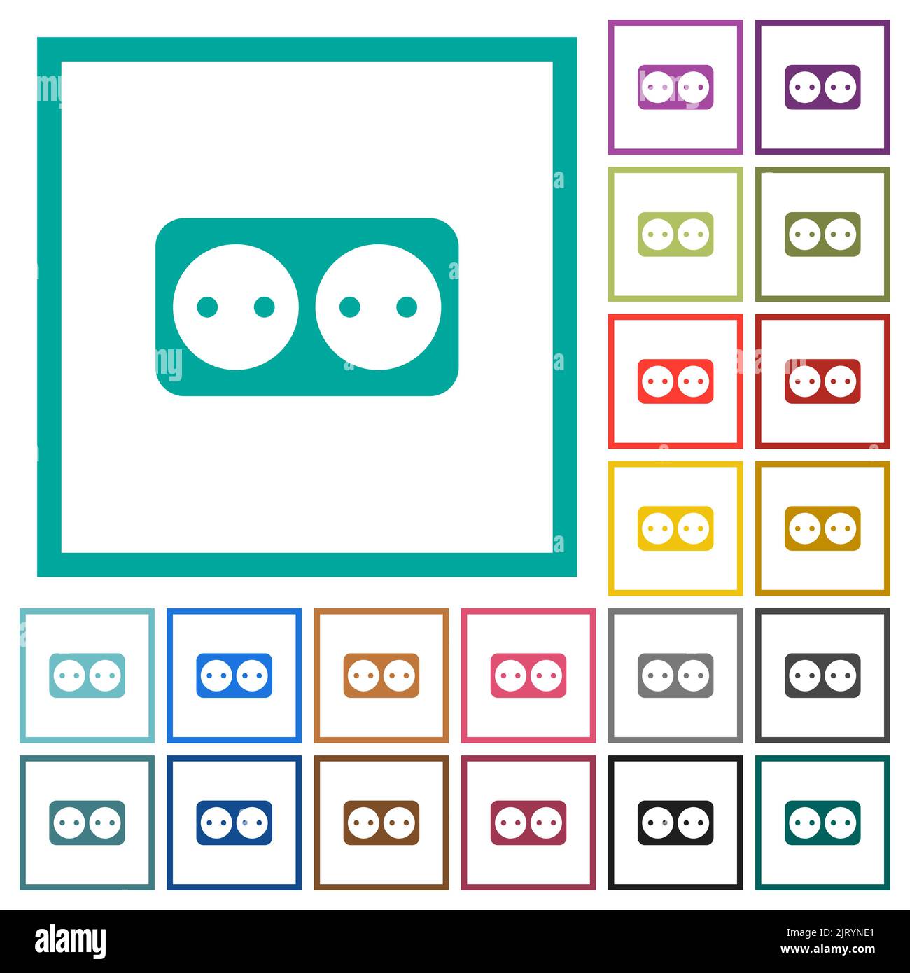 Electrical outlet with two sockets solid flat color icons with quadrant frames on white ...