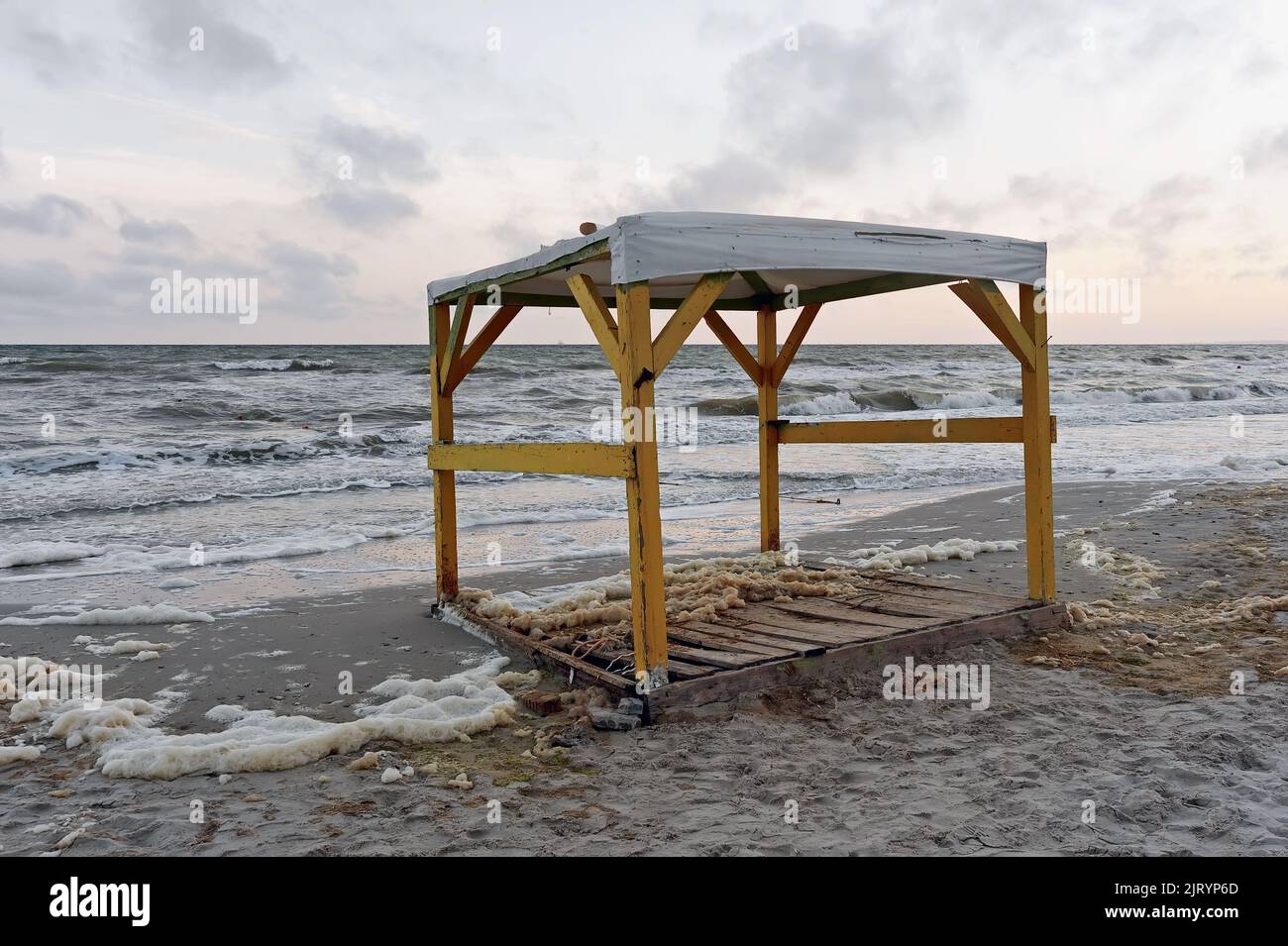Koblevo seaside with wooden gazebo at evening in Ukraine Stock Photo ...