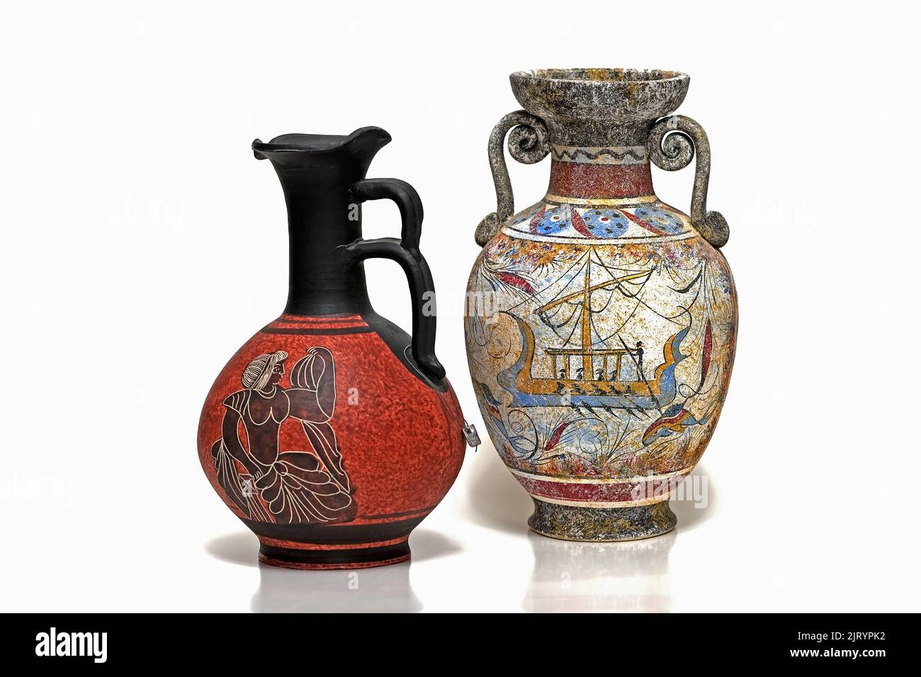Isolated view to the most common greek souvenirs, the ceramic jugs ...