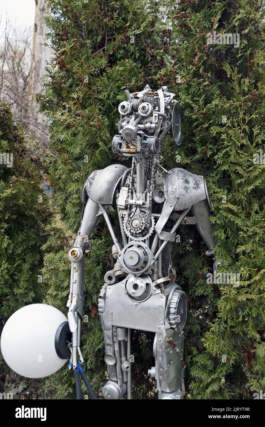 Scary steampunk decorative statue with lamp in the yard of Ark (Kovhceg ...