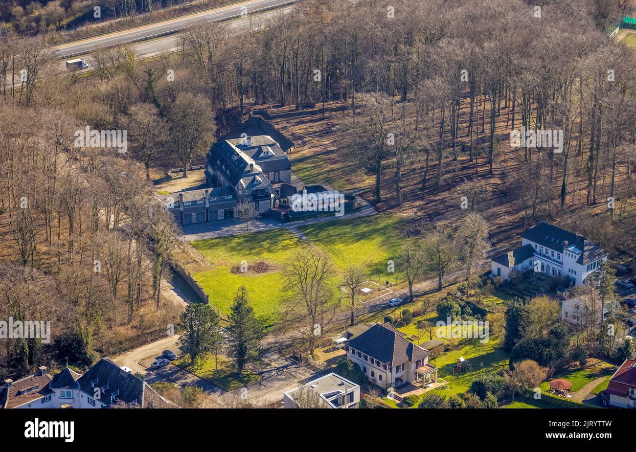 Aerial view, Villa Hohenhof, citizen protest after felling of a mammoth ...