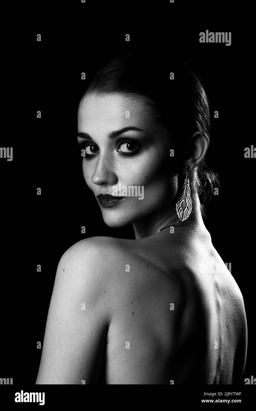 beautiful woman profile silhouette on back background with copy space ...