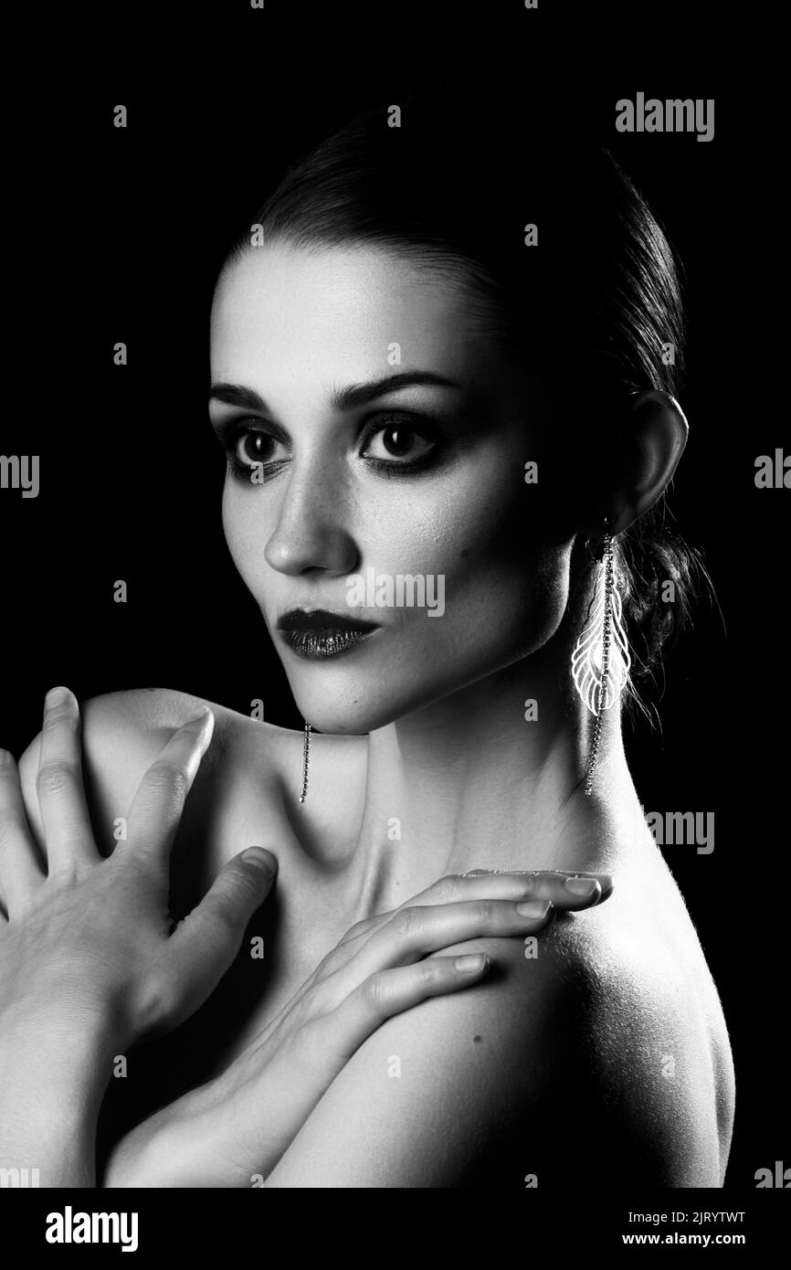 beautiful woman profile silhouette on back background with copy space ...