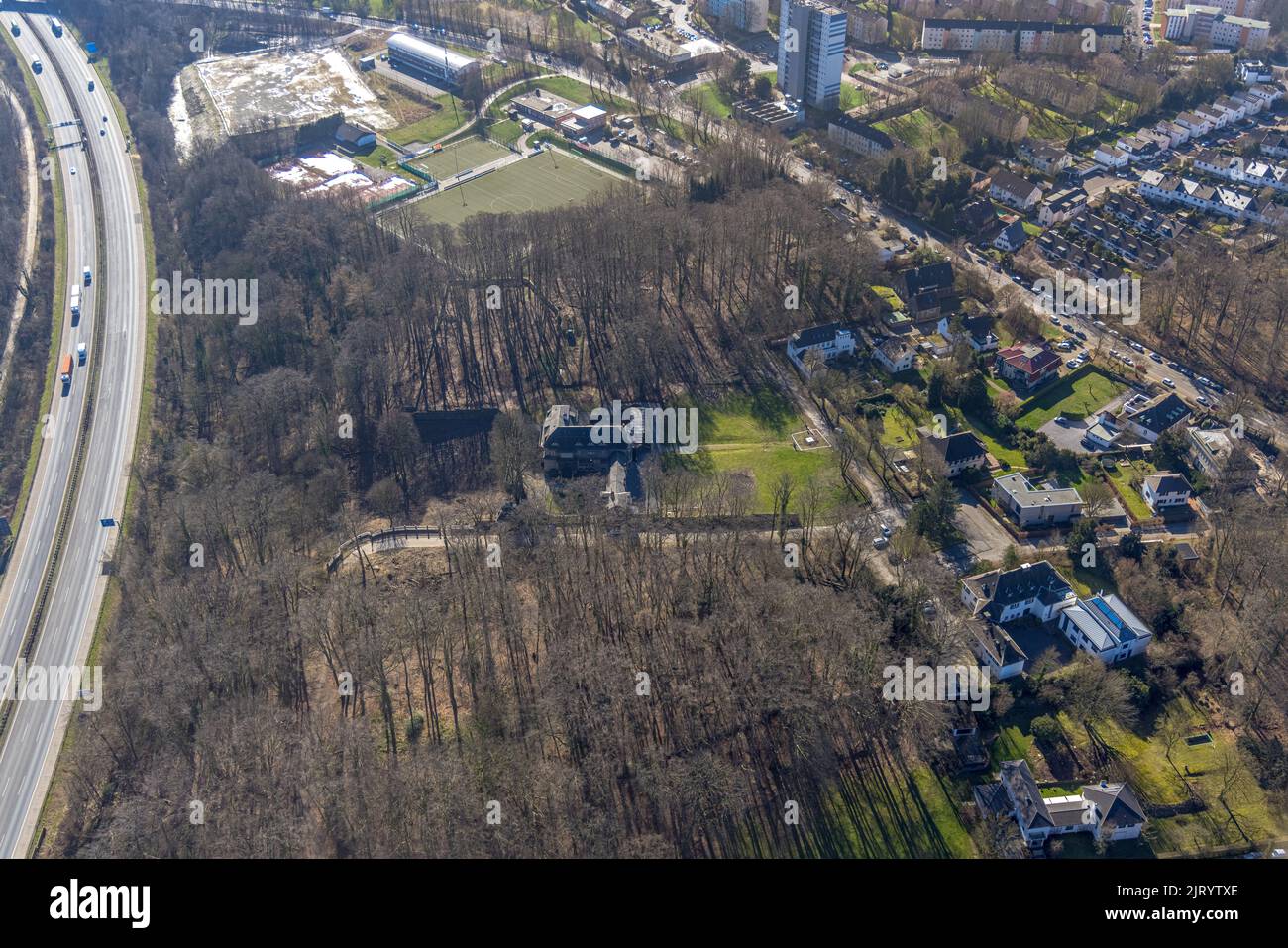 Aerial view, Villa Hohenhof, citizen protest after felling of a mammoth ...