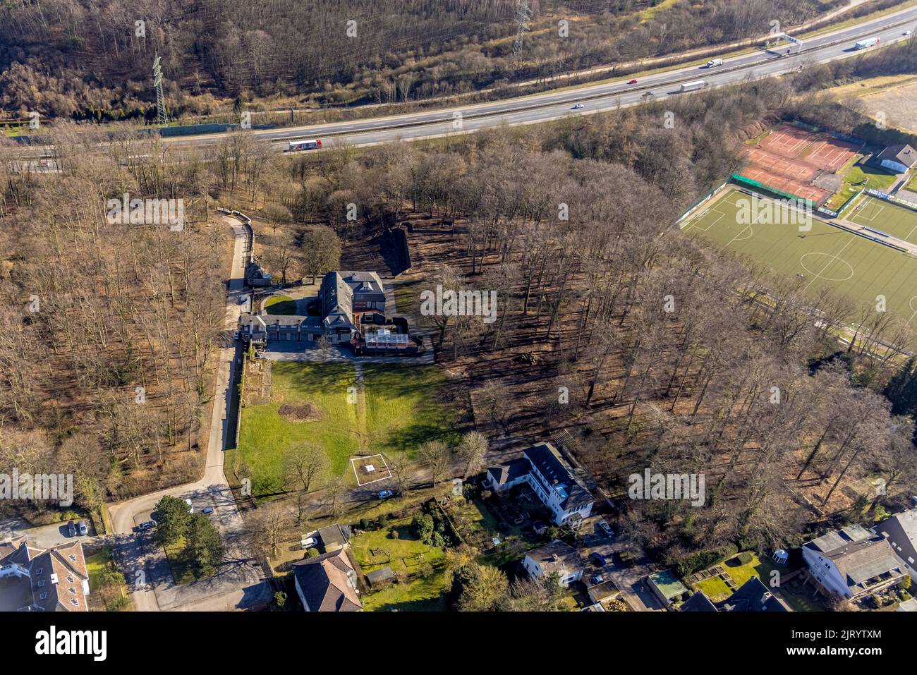 Aerial view, Villa Hohenhof, citizen protest after felling of a mammoth ...