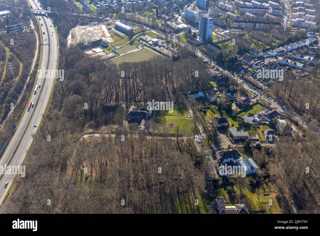 Aerial view, Villa Hohenhof, citizen protest after felling of a mammoth ...