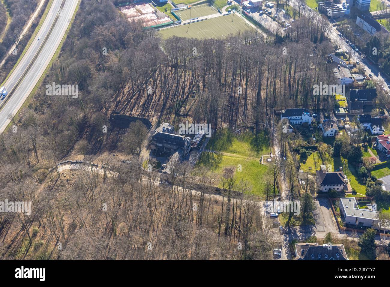 Aerial view, Villa Hohenhof, citizen protest after felling of a mammoth ...