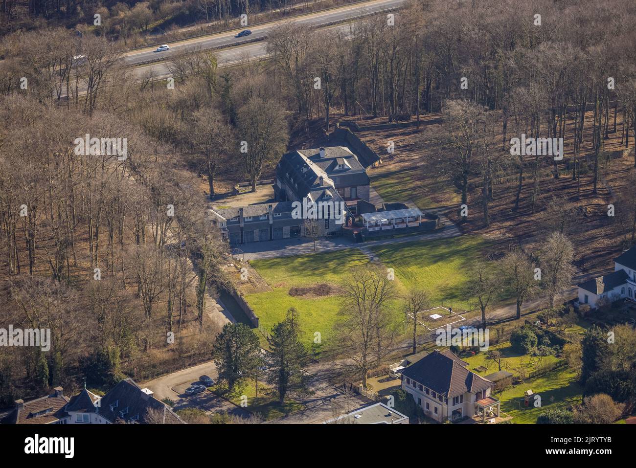 Aerial view, Villa Hohenhof, citizen protest after felling of a mammoth ...