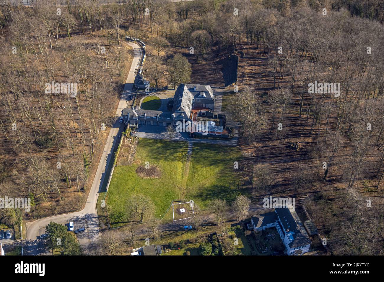 Aerial view, Villa Hohenhof, citizen protest after felling of a mammoth ...