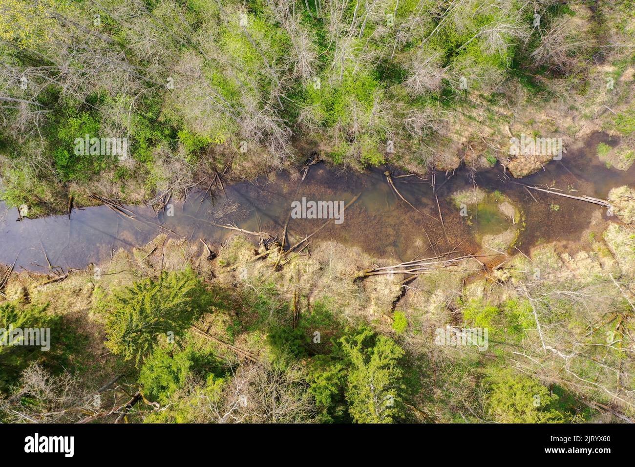 Aerial top down view of bendy river in spring Stock Photo - Alamy