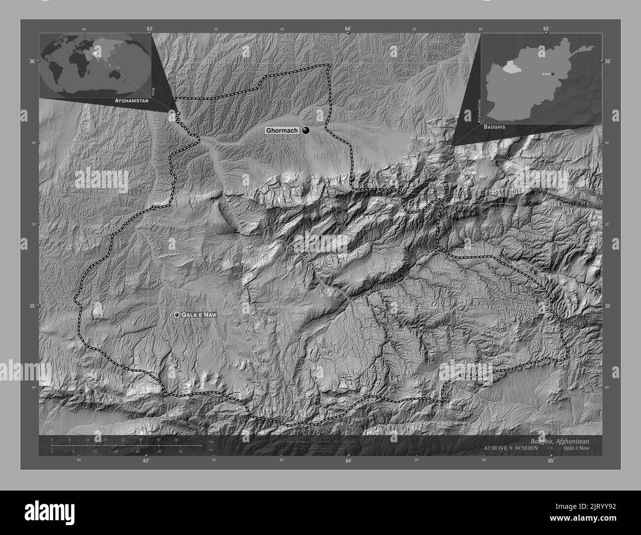 Badghis, province of Afghanistan. Bilevel elevation map with lakes and ...