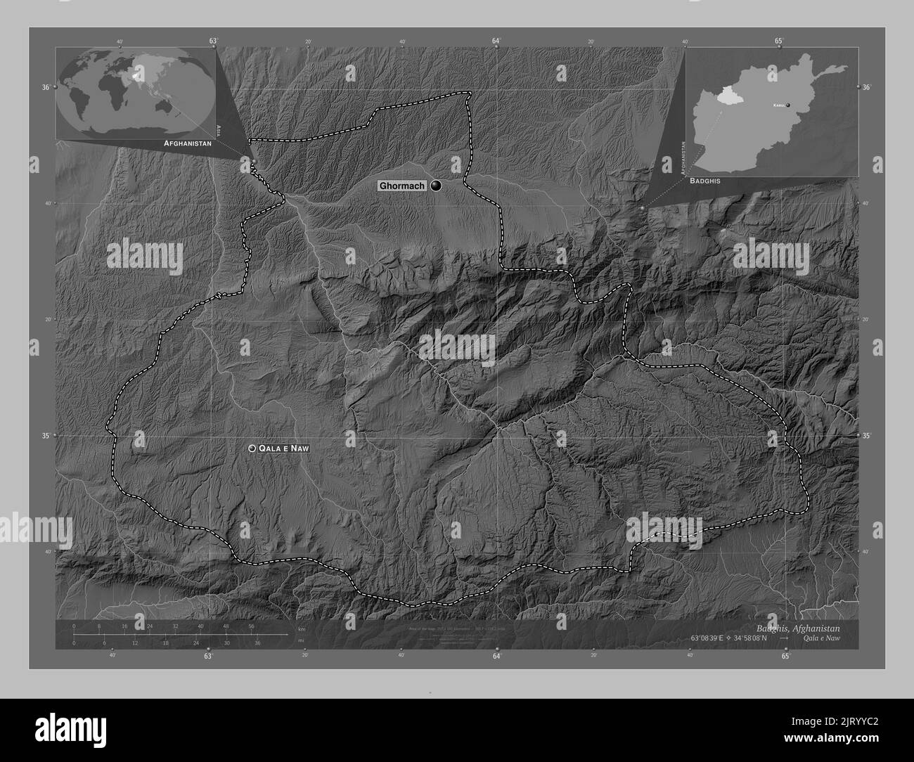 Badghis, province of Afghanistan. Grayscale elevation map with lakes ...