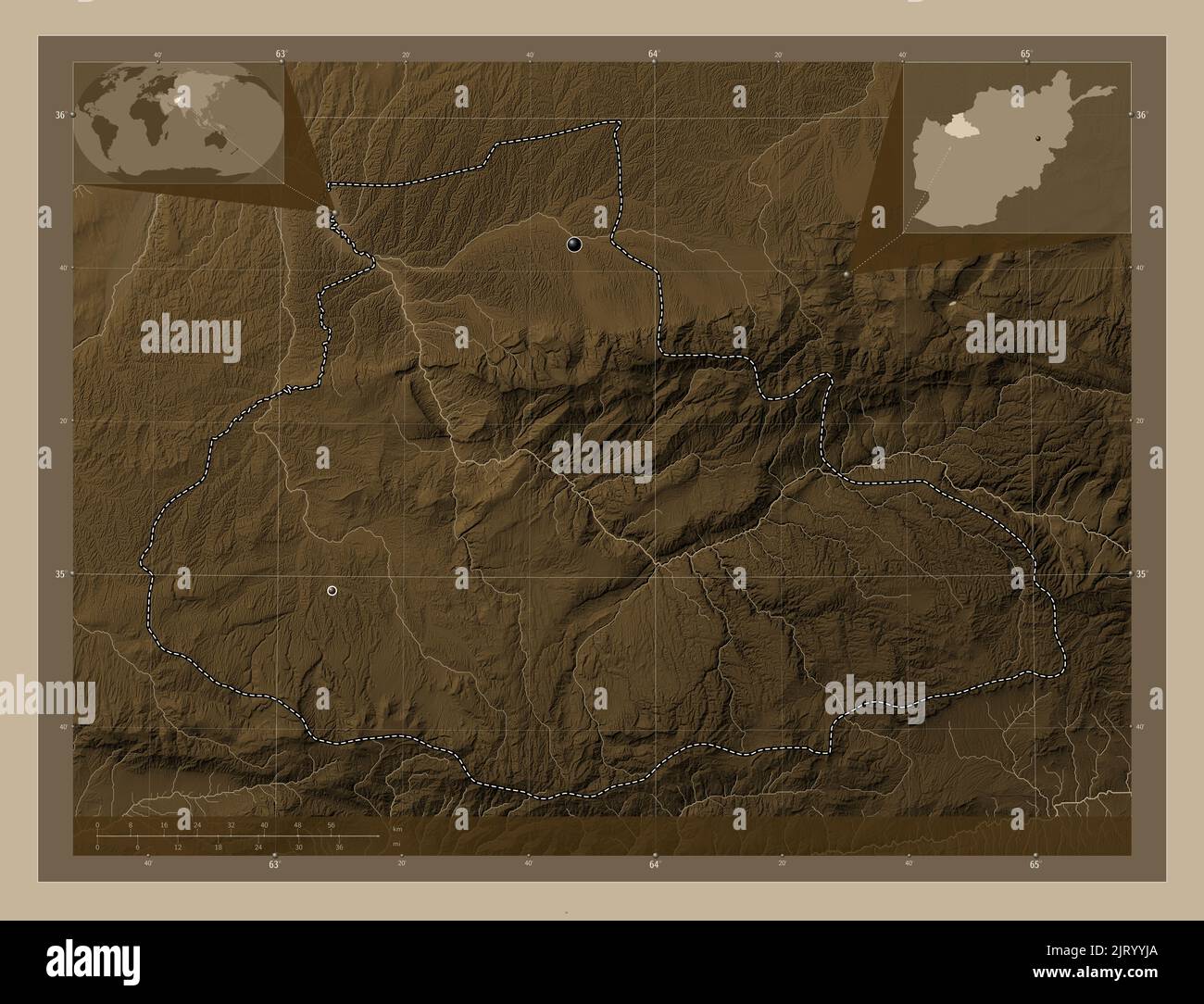 Badghis, province of Afghanistan. Elevation map colored in sepia tones ...