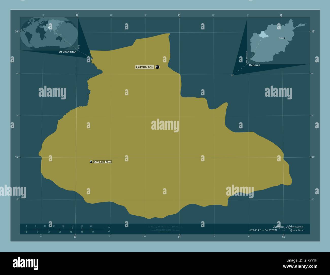 Badghis, province of Afghanistan. Solid color shape. Locations and ...