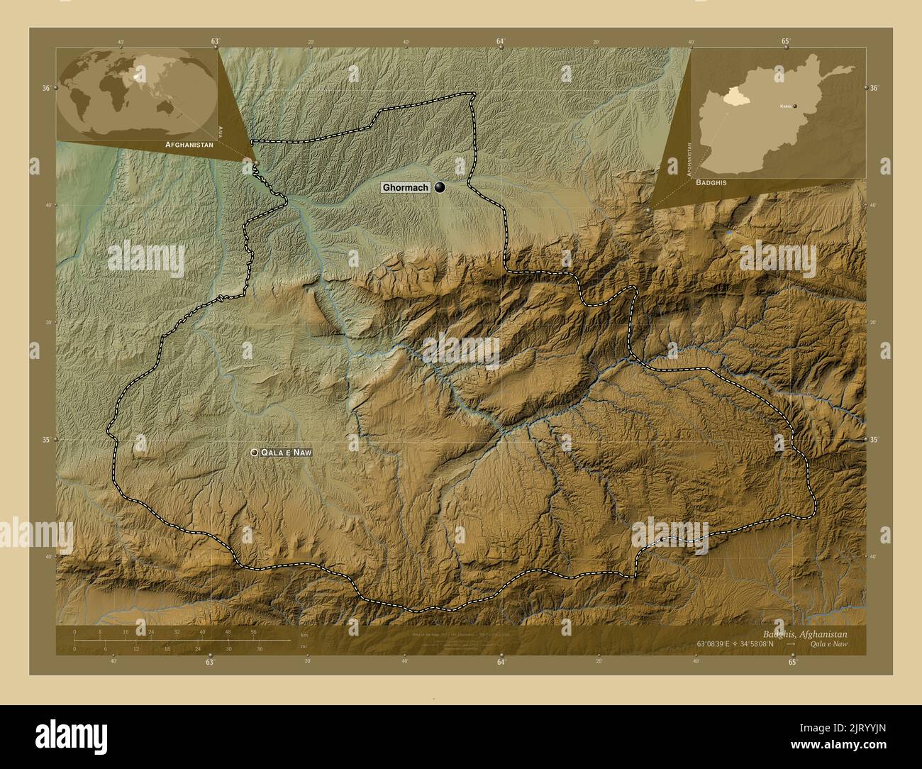 Badghis, province of Afghanistan. Colored elevation map with lakes and ...