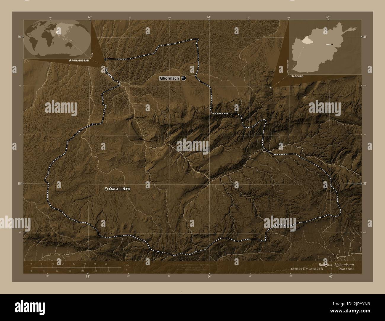 Badghis, province of Afghanistan. Elevation map colored in sepia tones ...