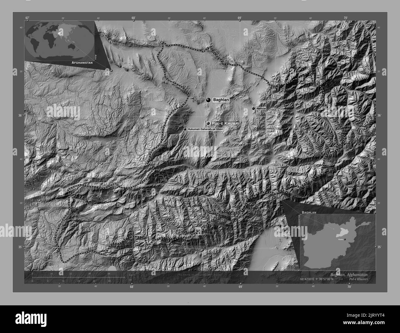 Baghlan, province of Afghanistan. Bilevel elevation map with lakes and ...
