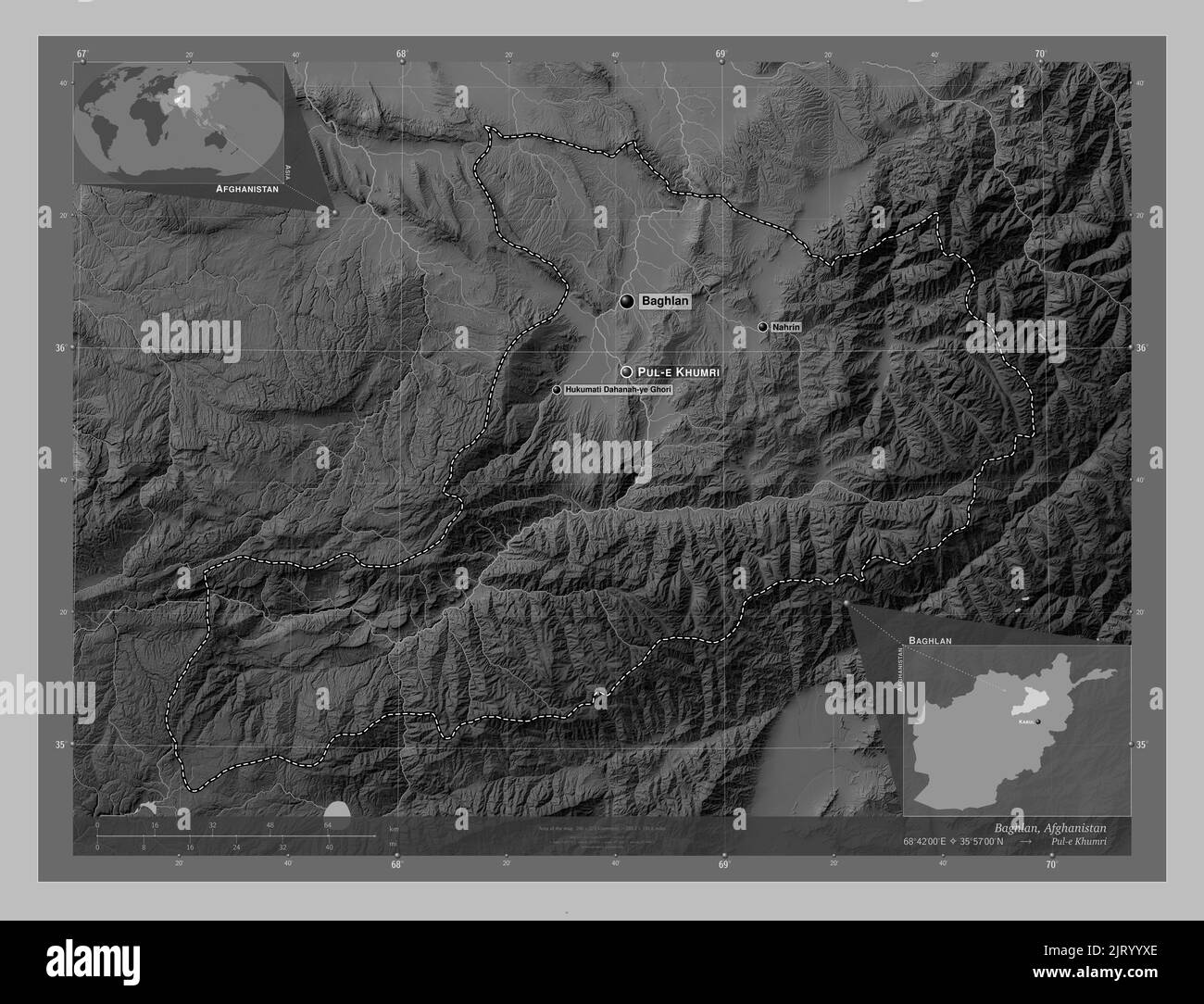 Baghlan, province of Afghanistan. Grayscale elevation map with lakes ...