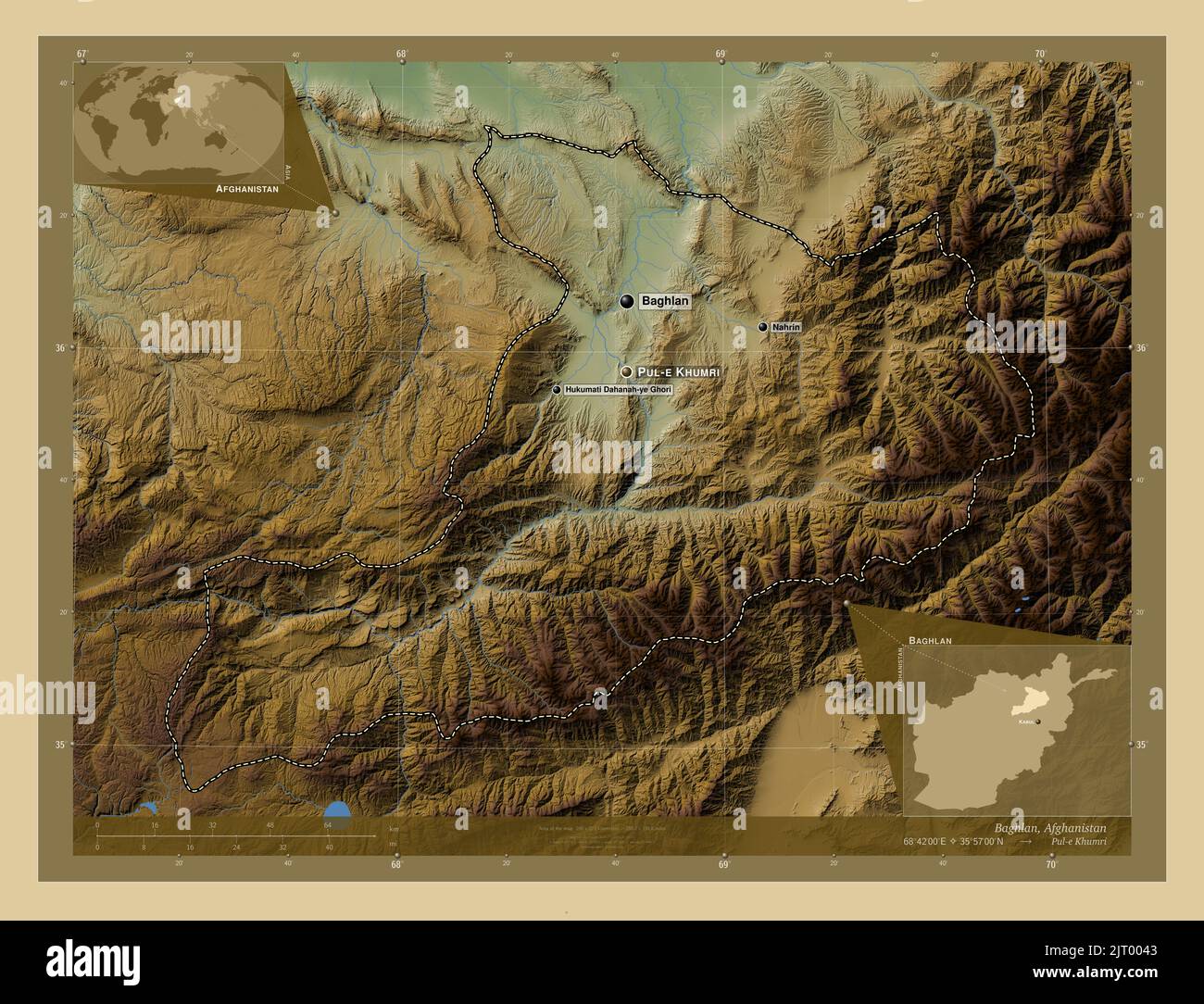 Baghlan, province of Afghanistan. Colored elevation map with lakes and ...