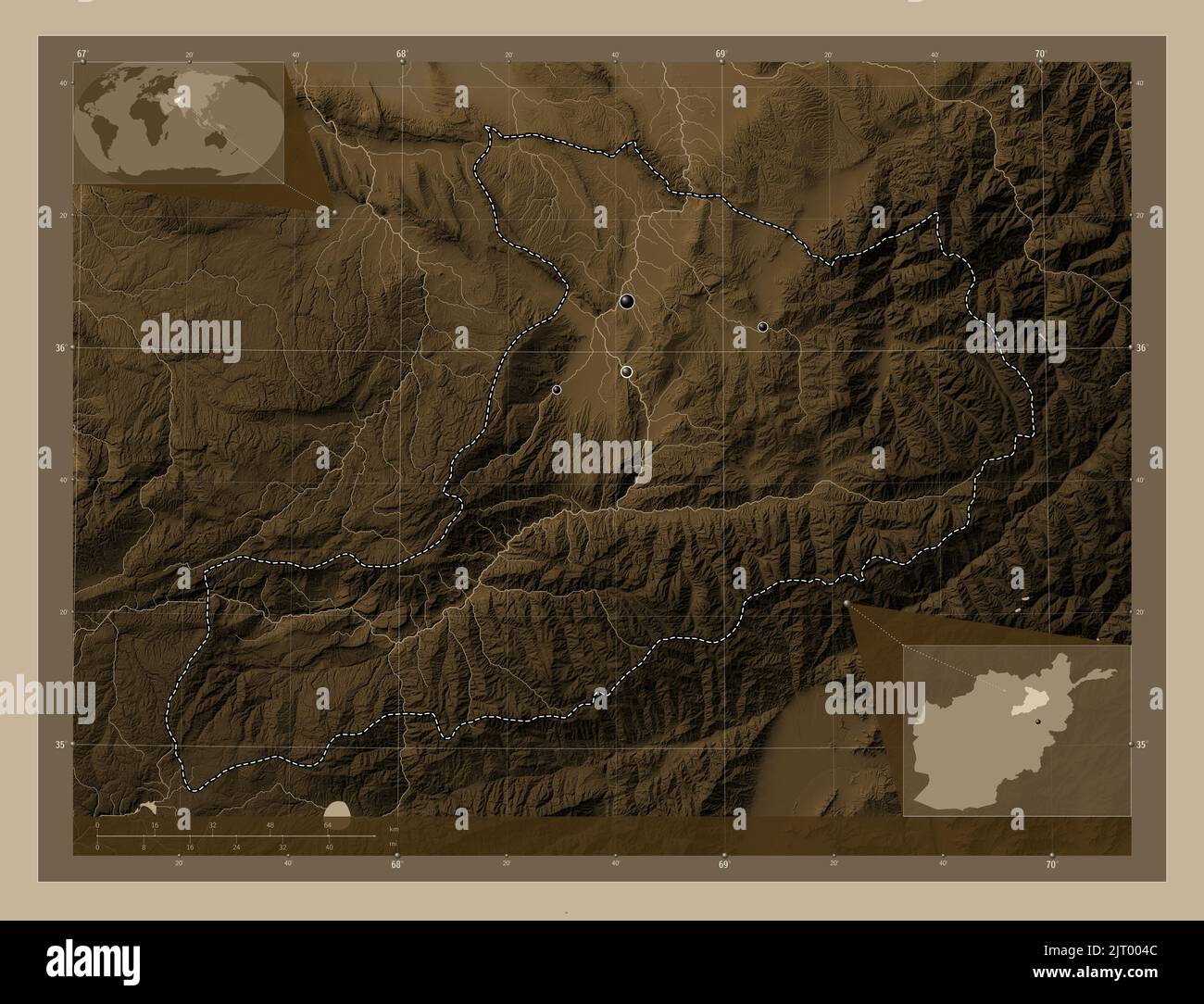 Baghlan, province of Afghanistan. Elevation map colored in sepia tones ...