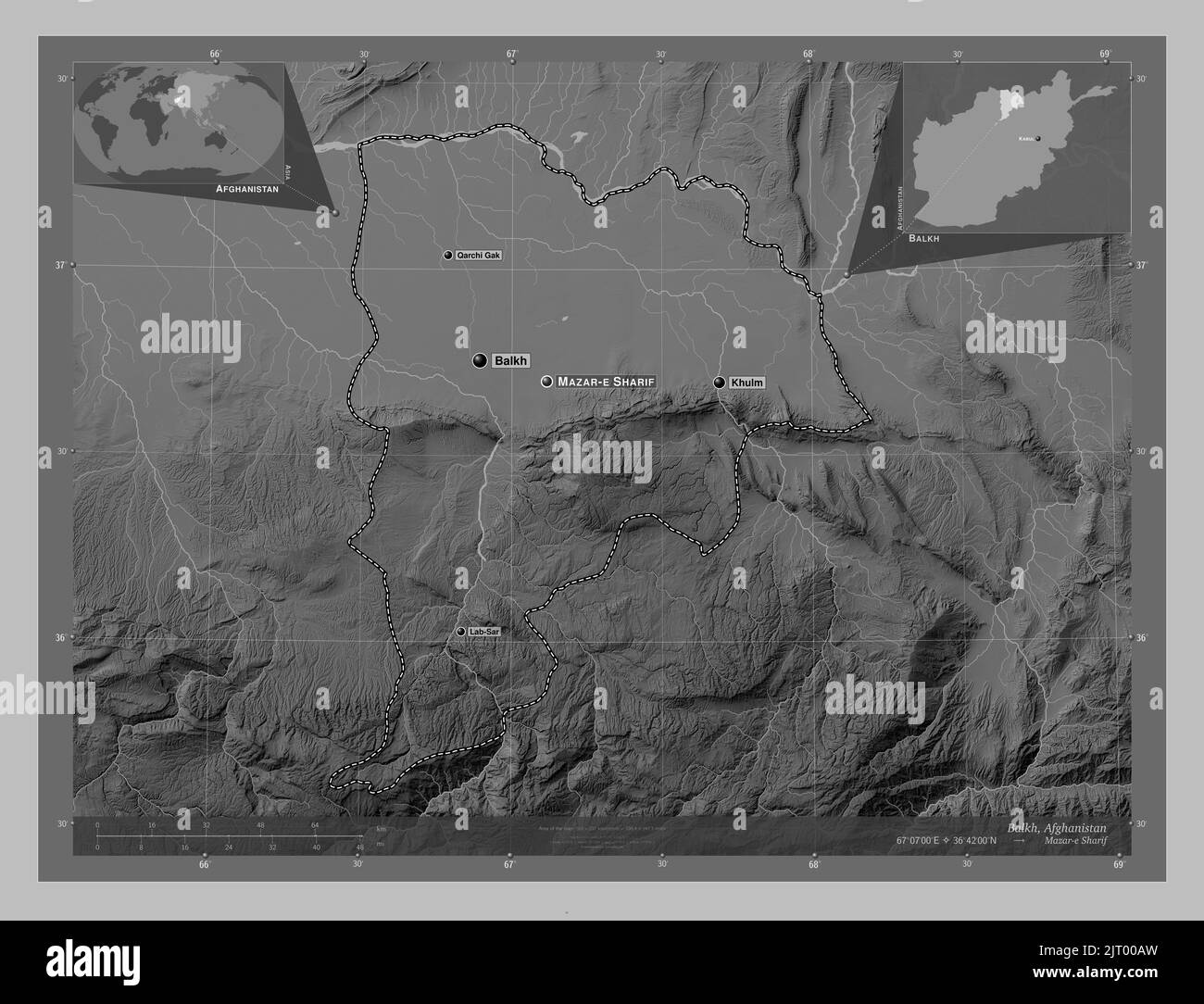 Balkh, province of Afghanistan. Grayscale elevation map with lakes and ...