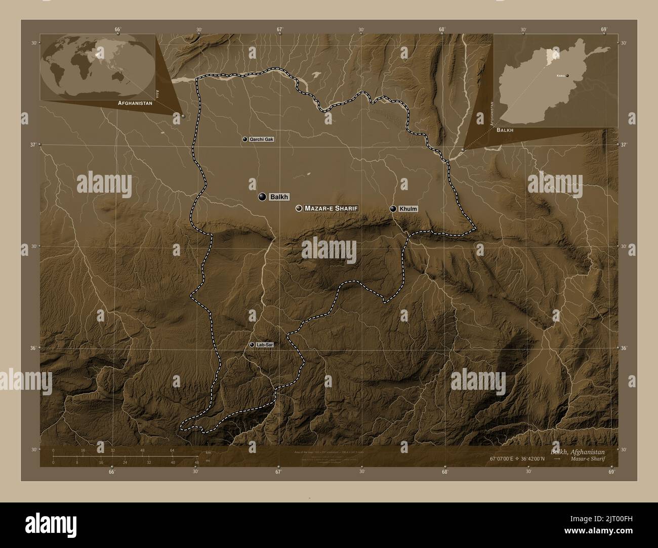 Balkh, province of Afghanistan. Elevation map colored in sepia tones ...