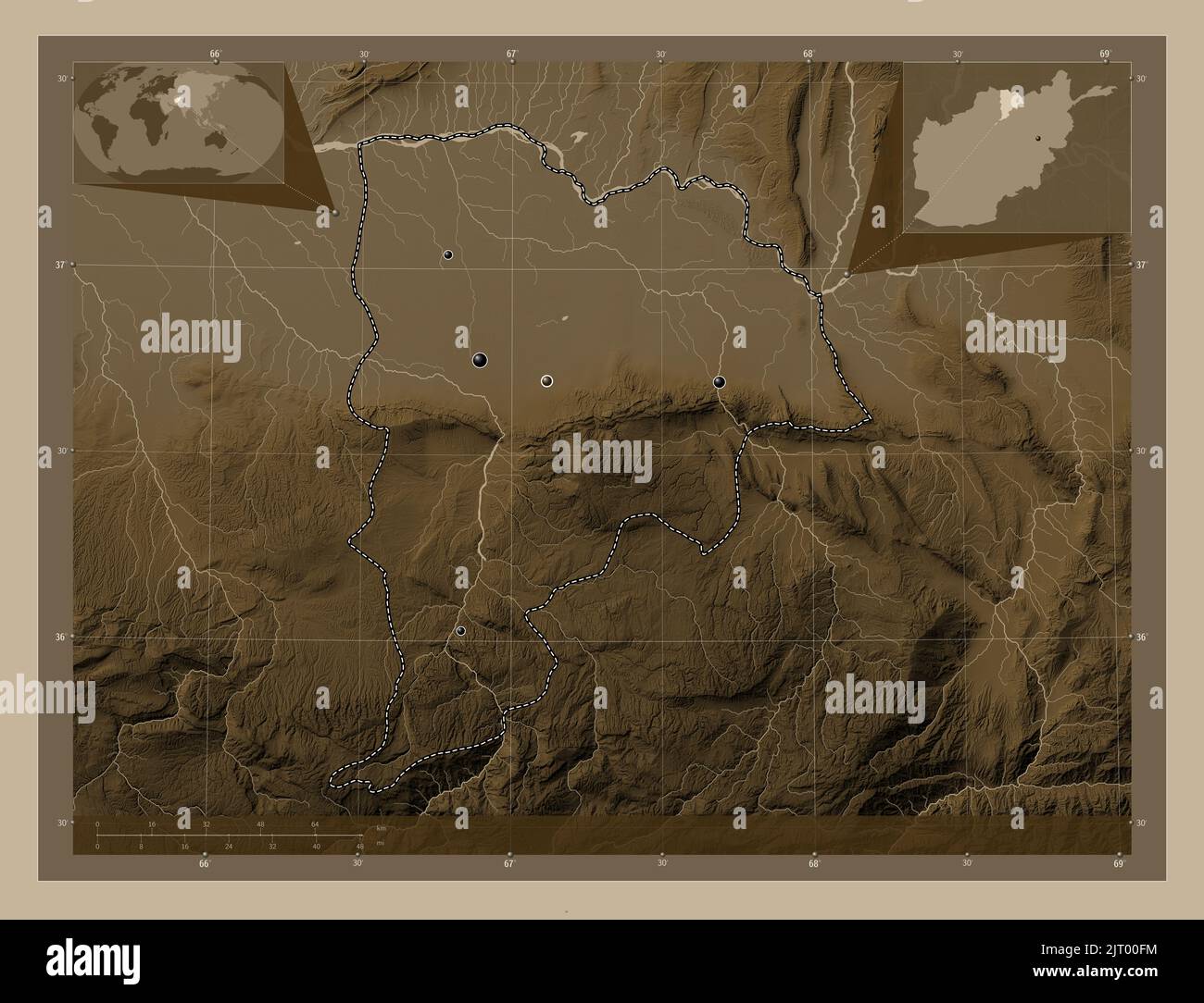 Balkh, province of Afghanistan. Elevation map colored in sepia tones ...