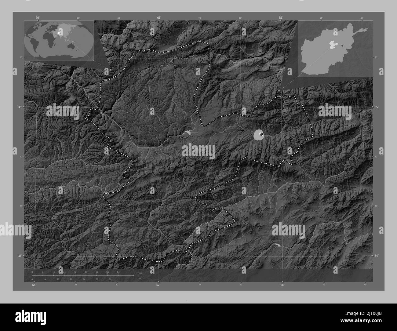Bamyan, province of Afghanistan. Grayscale elevation map with lakes and ...