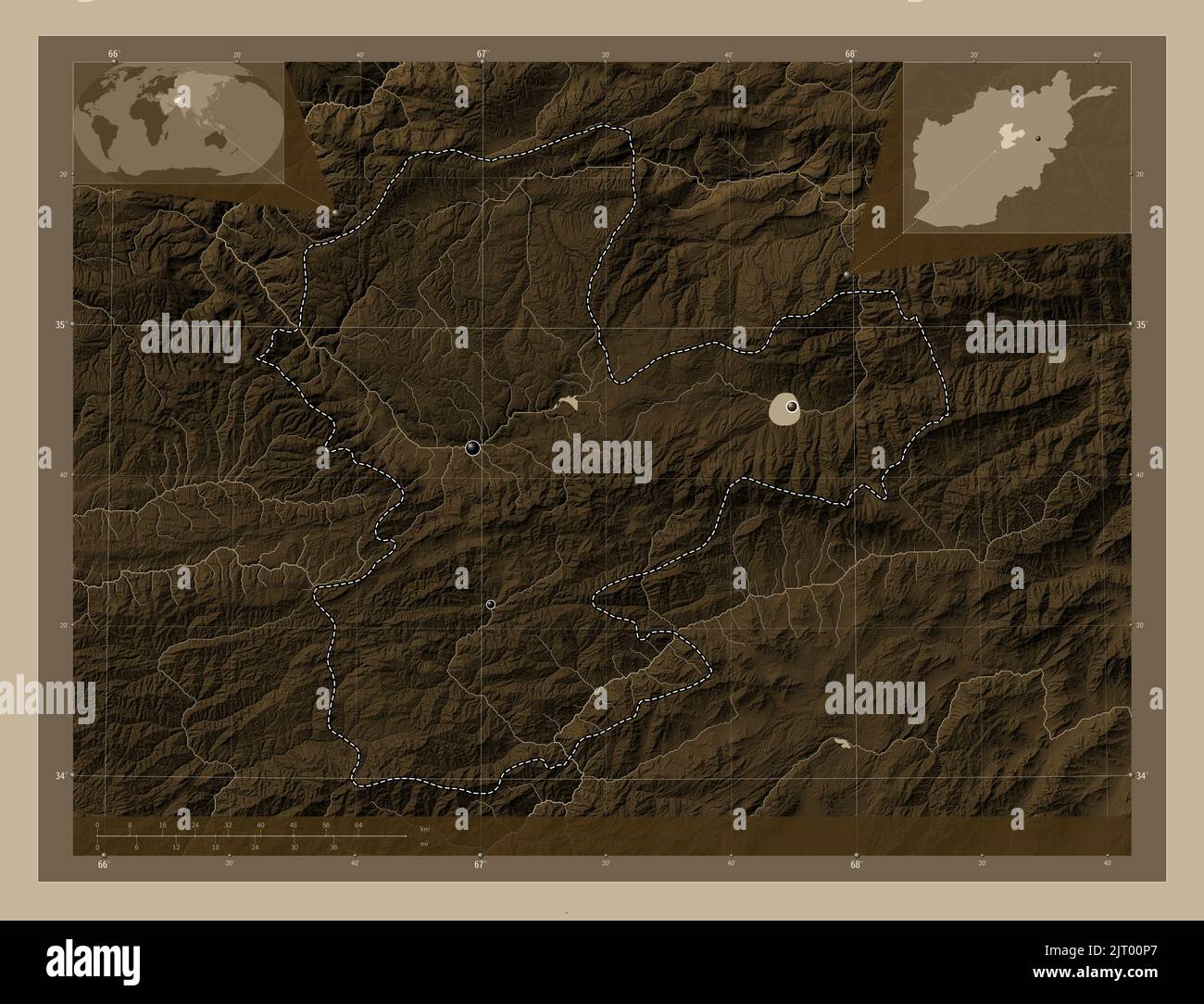 Bamyan, province of Afghanistan. Elevation map colored in sepia tones ...