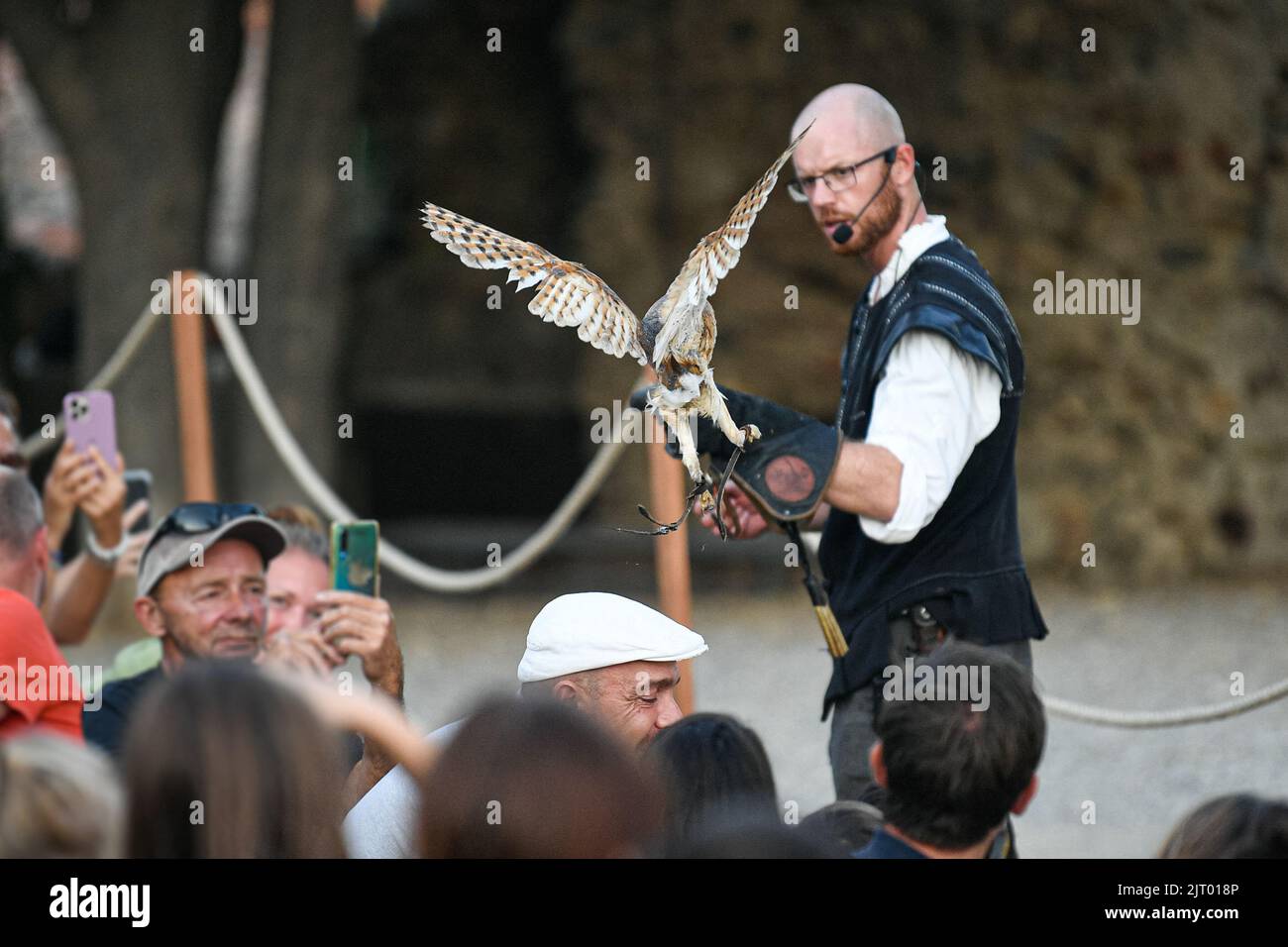Grimaud, France. 26th Aug, 2022. A master falconer with a barn owl ...