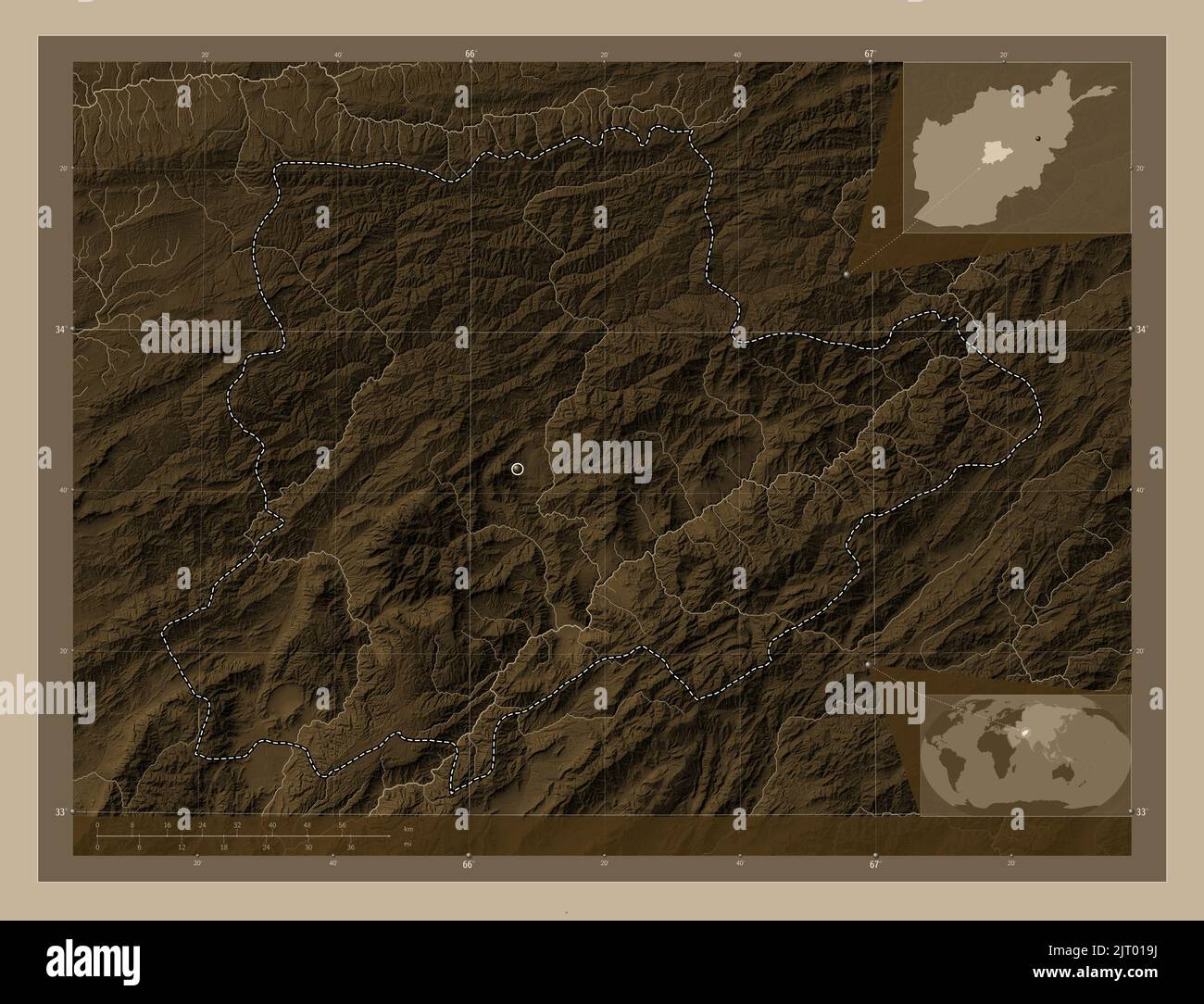 Daykundi, province of Afghanistan. Elevation map colored in sepia tones ...