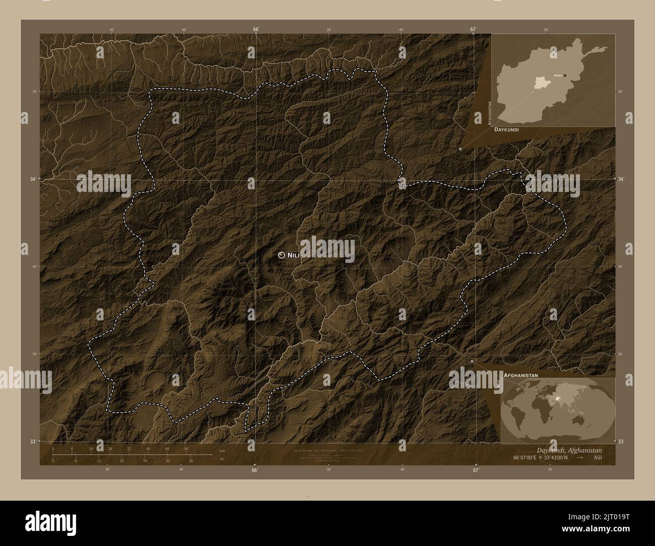 Daykundi, province of Afghanistan. Elevation map colored in sepia tones ...