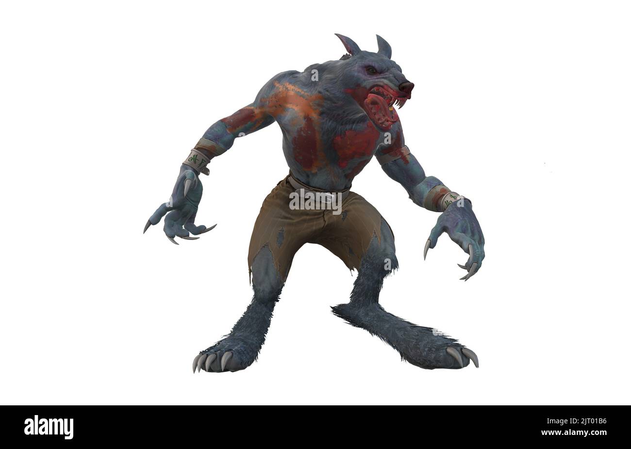 A 3D rendering of a werewolf with colored blood spots on a white ...