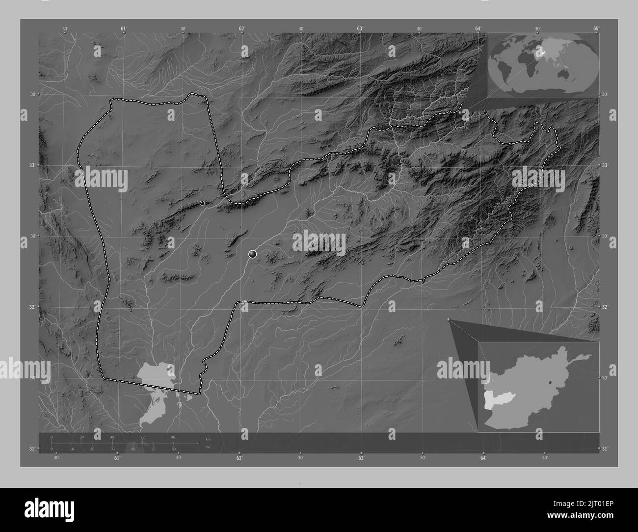 Farah, province of Afghanistan. Grayscale elevation map with lakes and ...