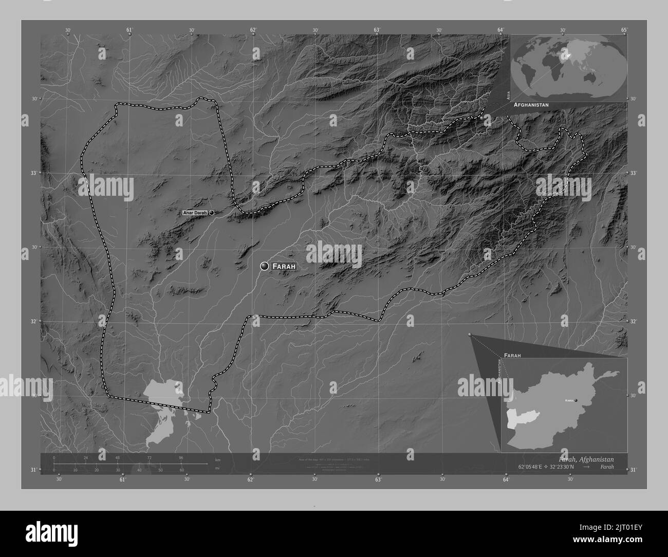 Farah, province of Afghanistan. Grayscale elevation map with lakes and ...