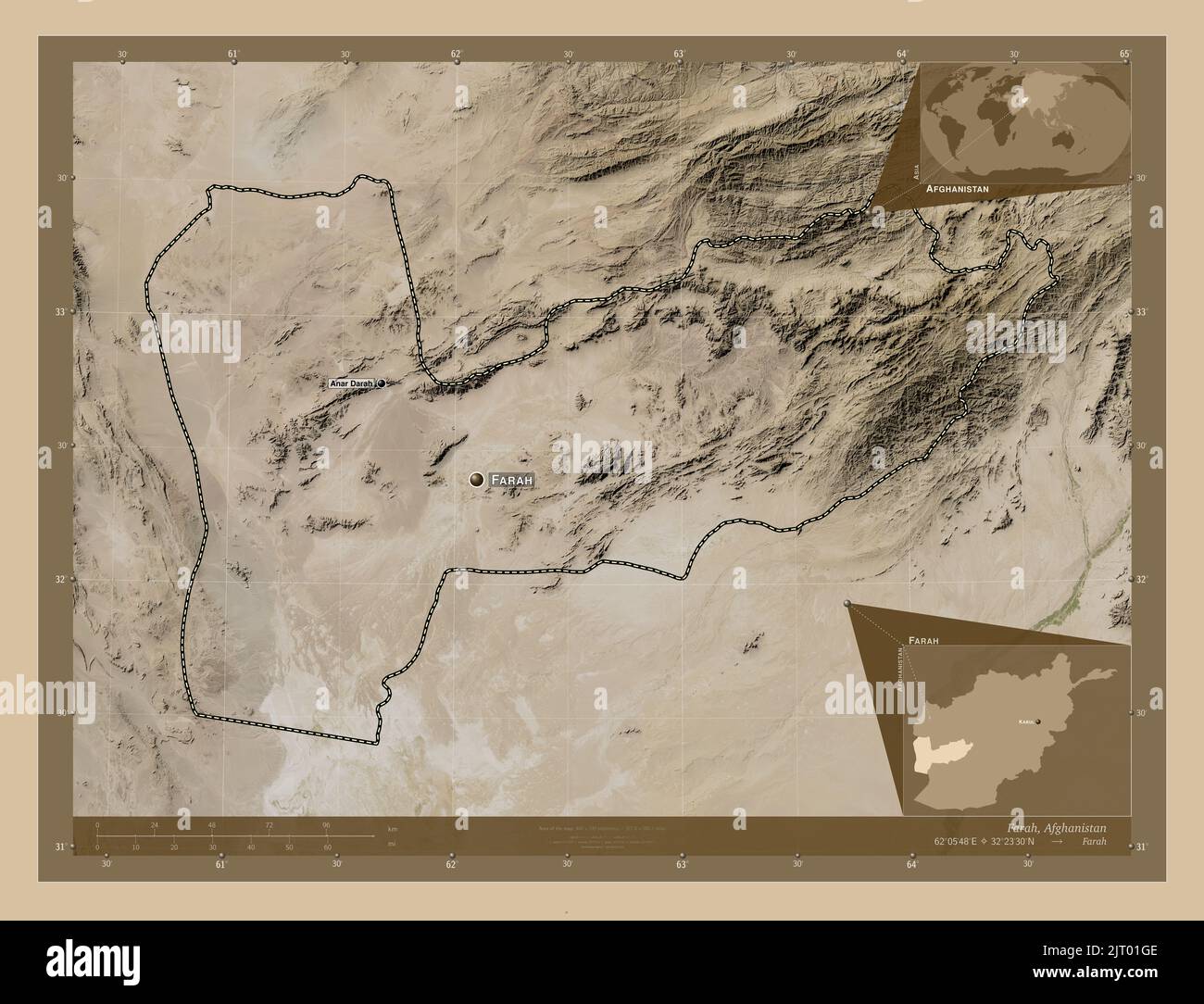 Farah, province of Afghanistan. Low resolution satellite map. Locations ...
