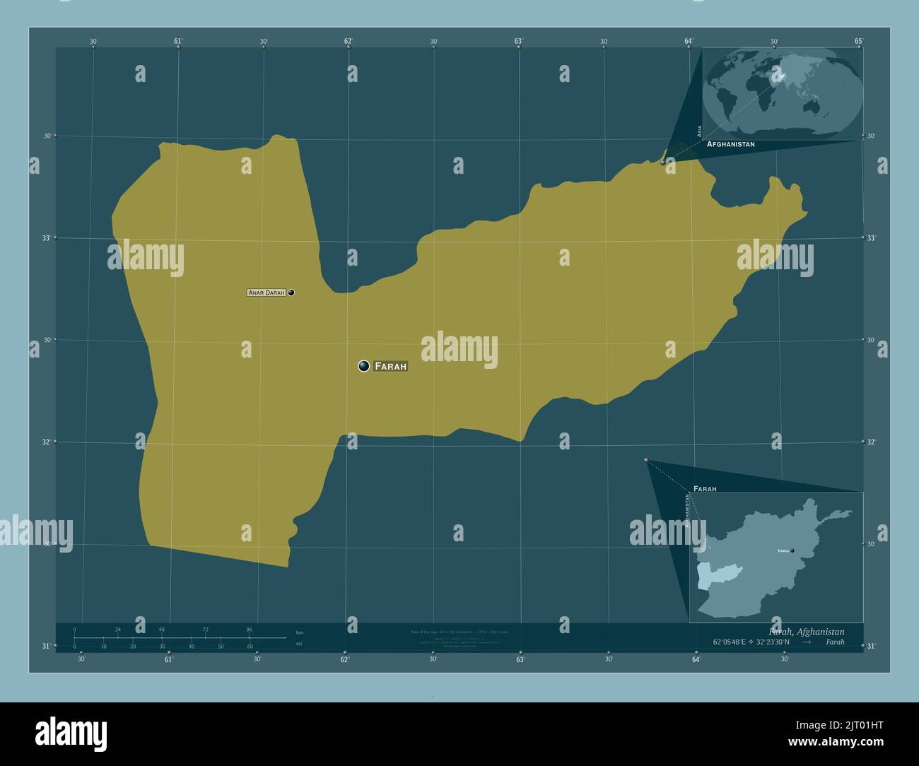 Farah, province of Afghanistan. Solid color shape. Locations and names ...
