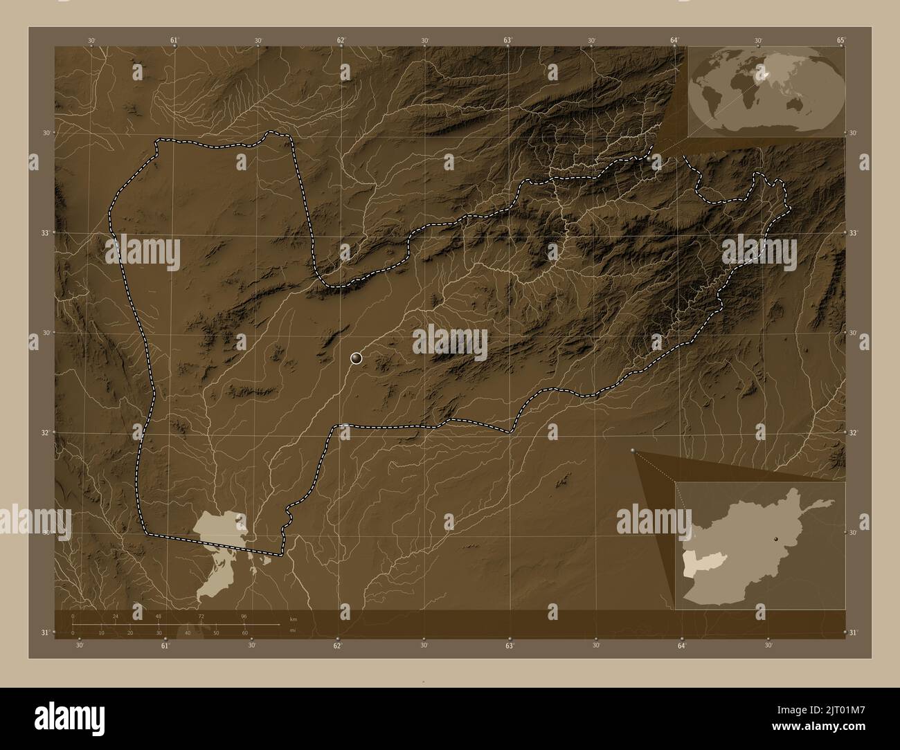 Farah, province of Afghanistan. Elevation map colored in sepia tones ...