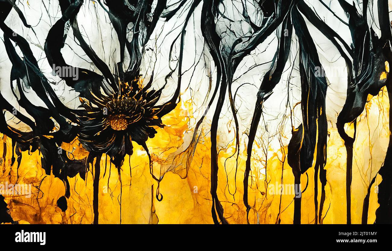 Abstract Sunflowers torn asunder wallpaper with black paint. Beautiful ...