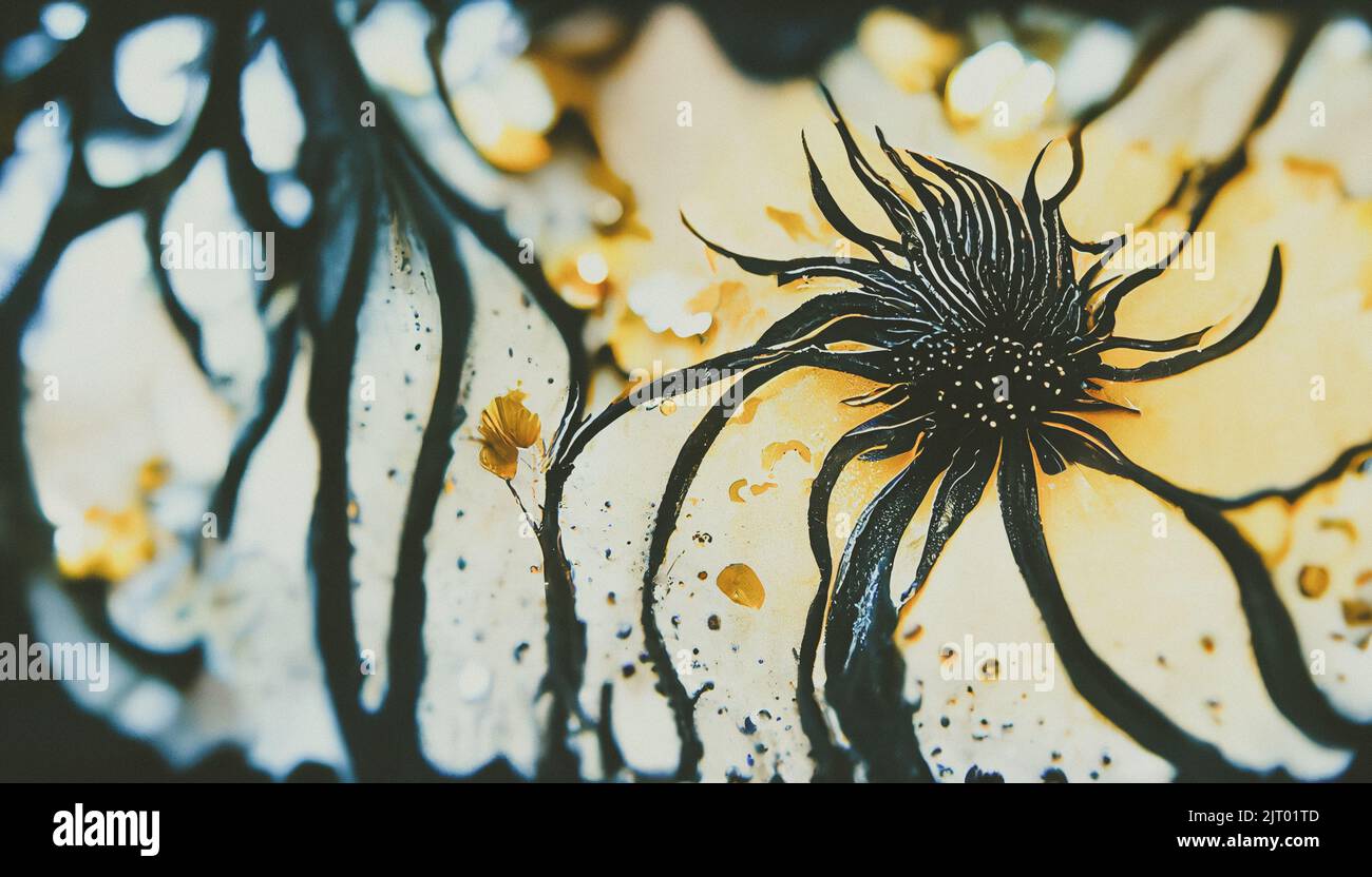 Abstract Sunflowers torn asunder wallpaper with black paint. Beautiful ...