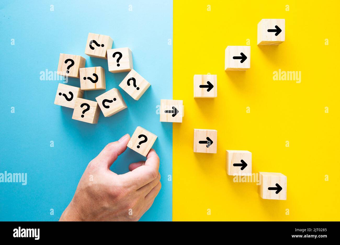 Hand choosing a block with question mark. Path leads to successful ...