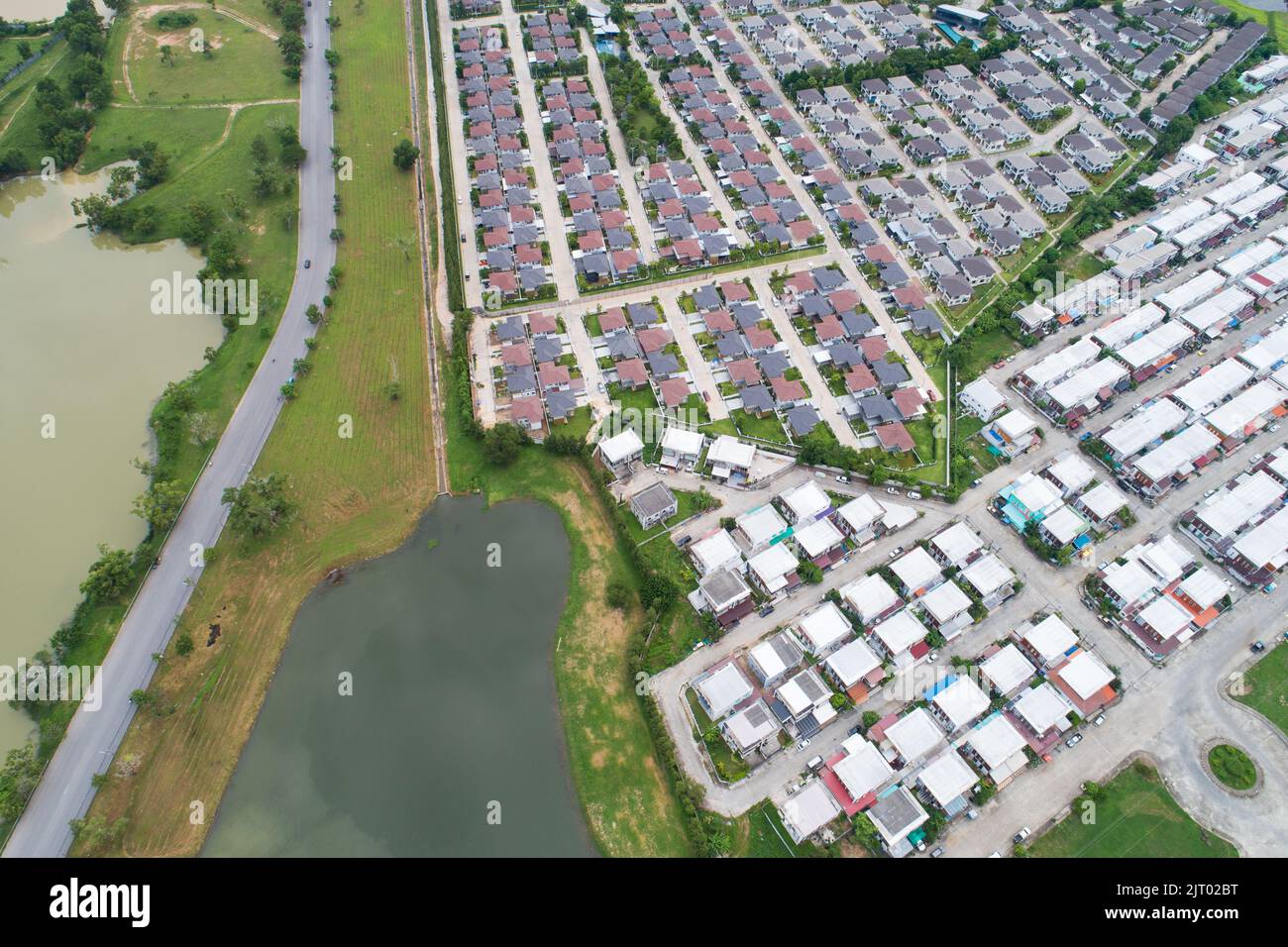Aerial View from Drone top view of the village in summer season and ...