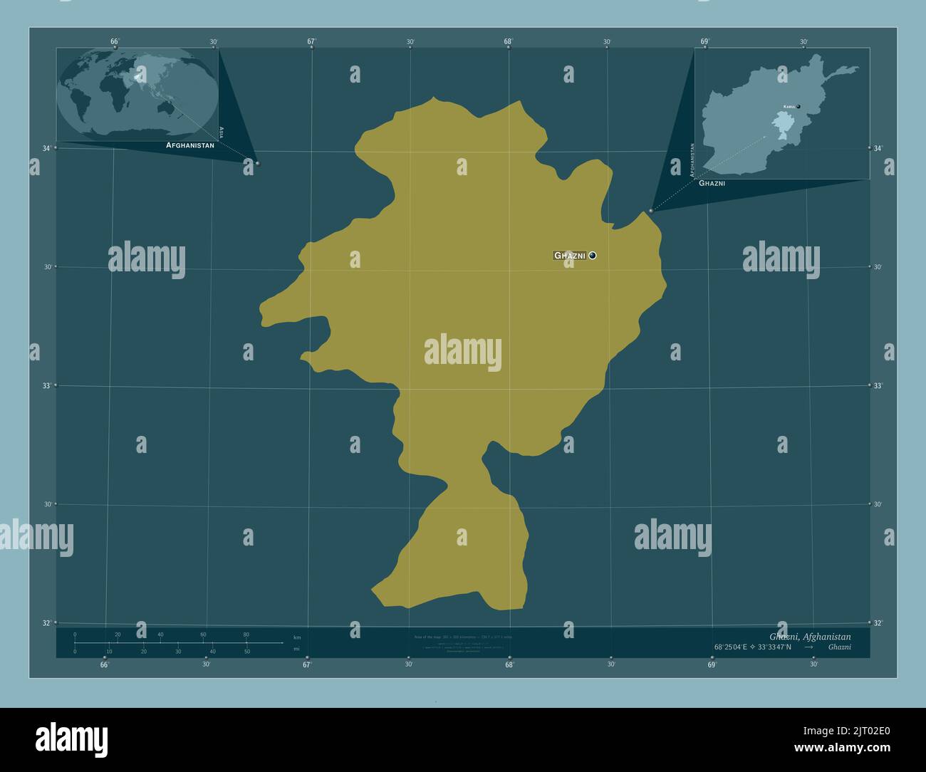 Ghazni, province of Afghanistan. Solid color shape. Locations and names ...