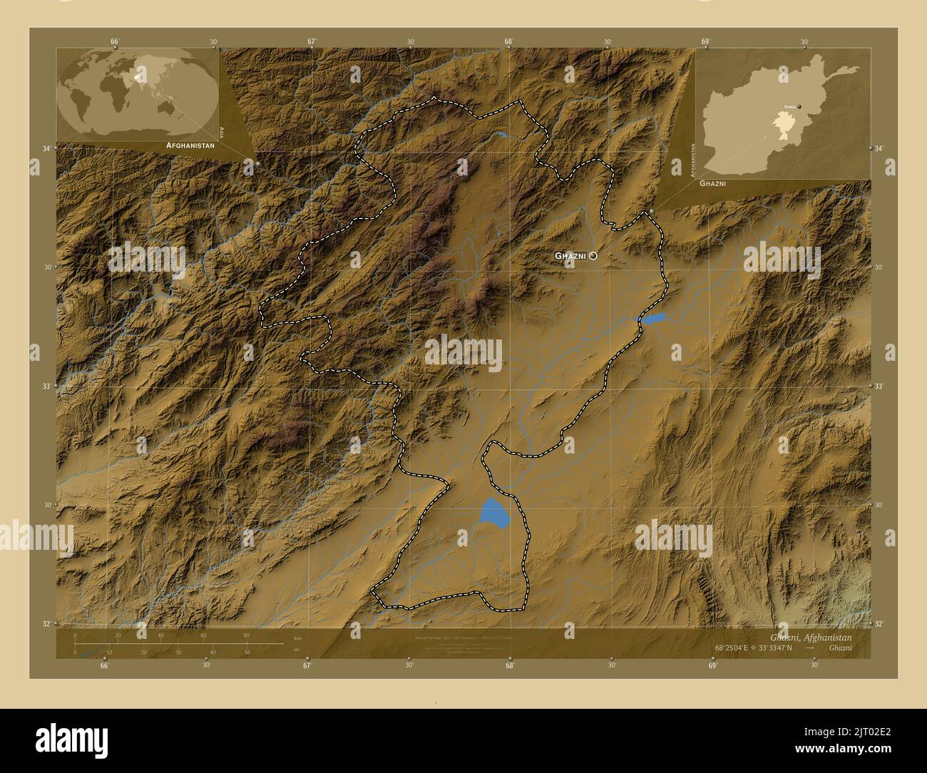 Ghazni, province of Afghanistan. Colored elevation map with lakes and ...