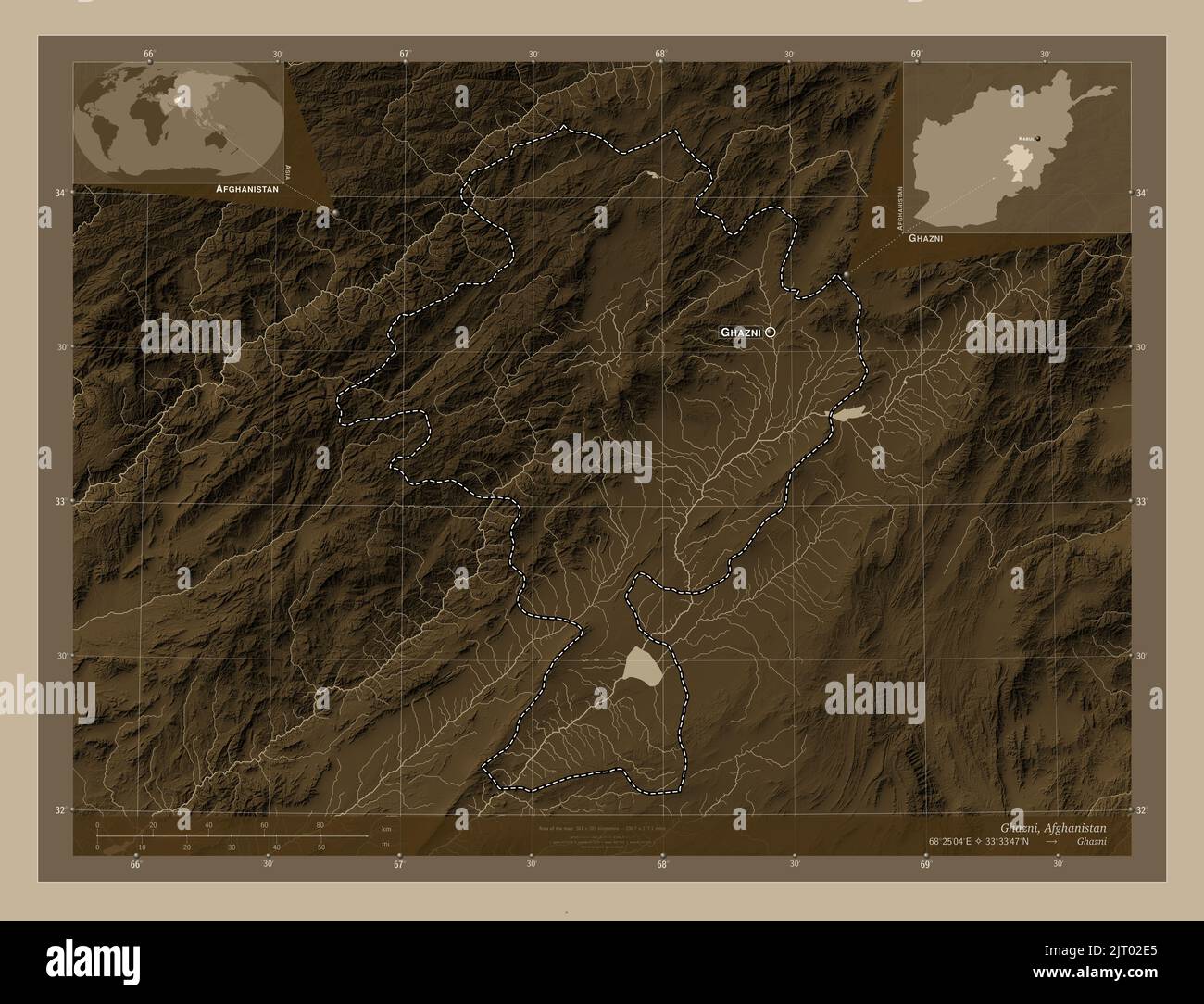 Ghazni, province of Afghanistan. Elevation map colored in sepia tones ...