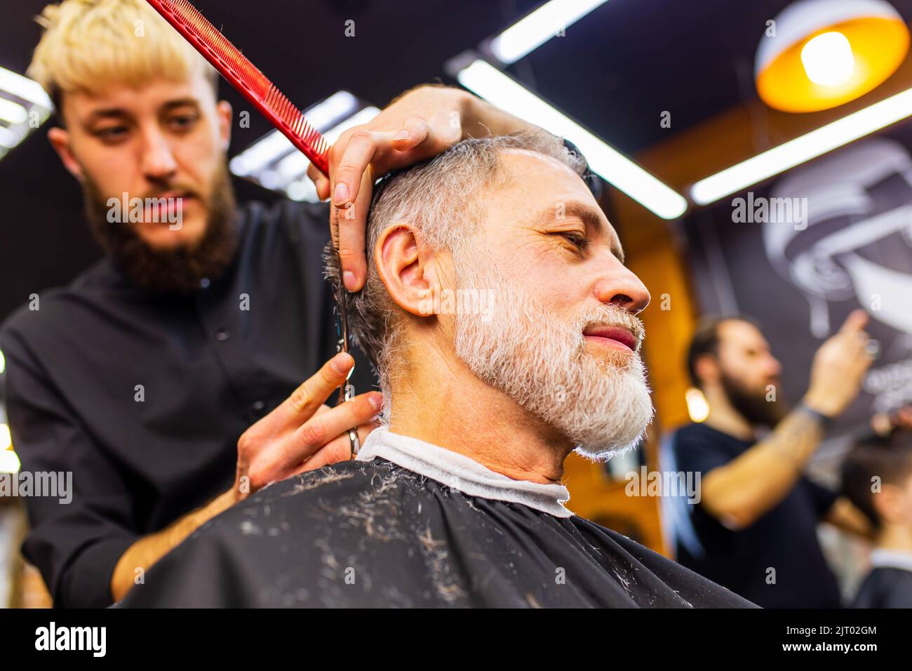 Senior handsome man visiting hairstylist in modern barber shop Stock ...