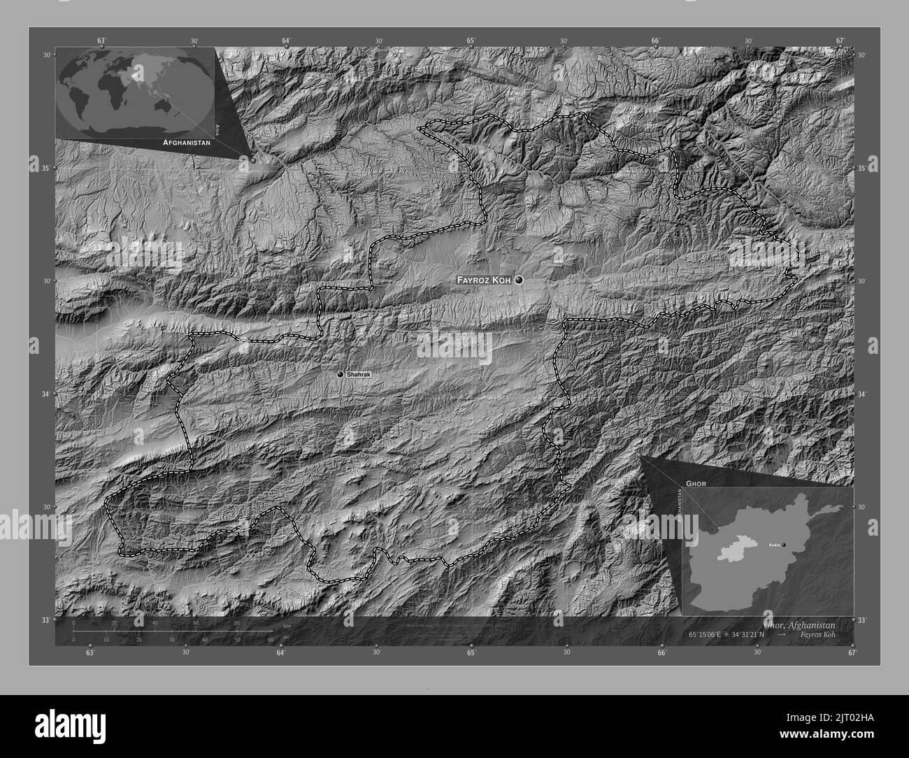 Ghor, province of Afghanistan. Bilevel elevation map with lakes and ...