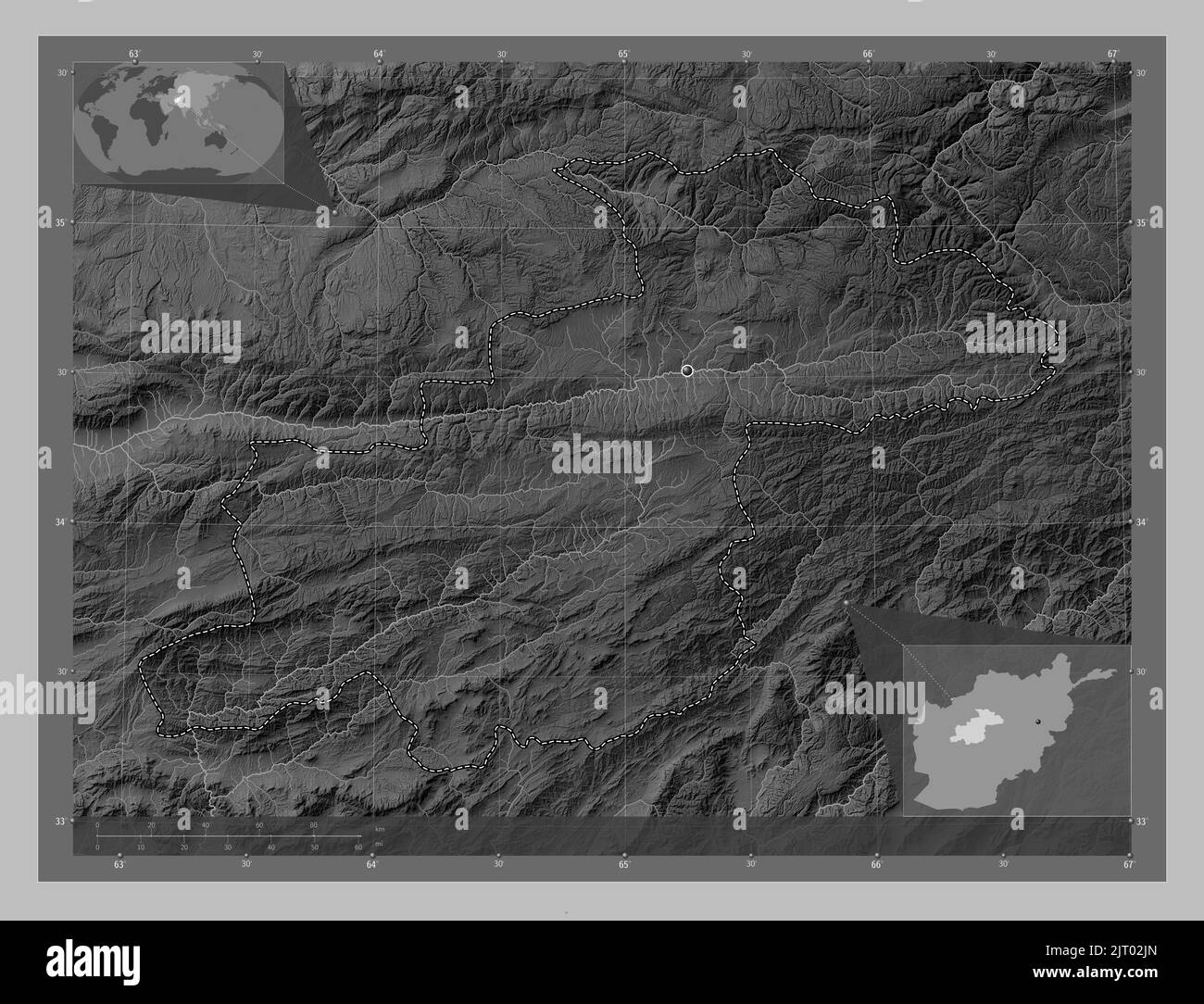 Ghor, province of Afghanistan. Grayscale elevation map with lakes and ...