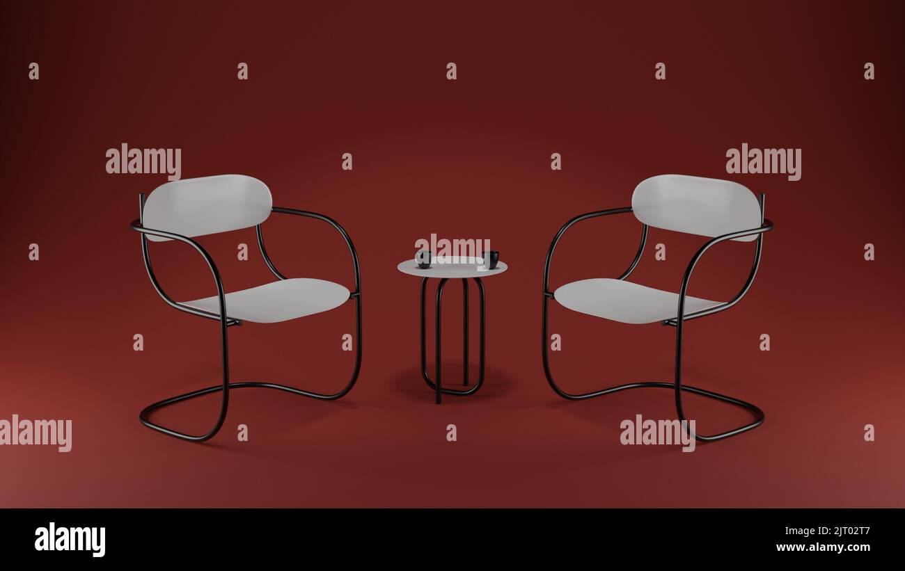 Two chairs and coffee table in red room. Interview, studio and design ...